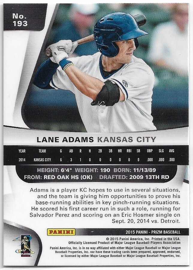 2015 Panini Prizm ~ LANE ADAMS Rookie Base #193 Royals RC | eBay