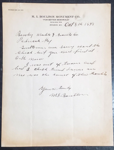 1938 Letter, M.I Boulton Monument Co., Fulton, Kentucky, Signed M.I ...