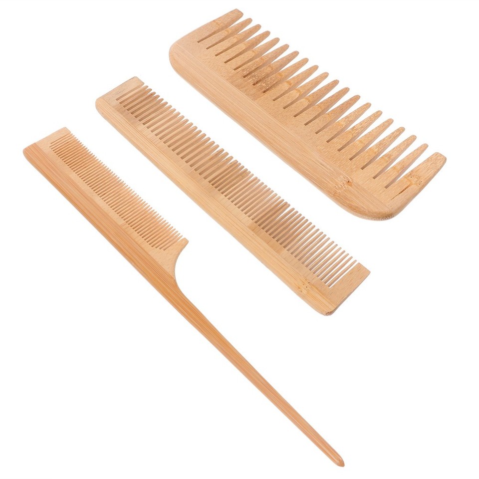 3 Pcs Bamboo Hair Brush Set Fine Wide Tooth Rat Tail Hairdressing Combs ...