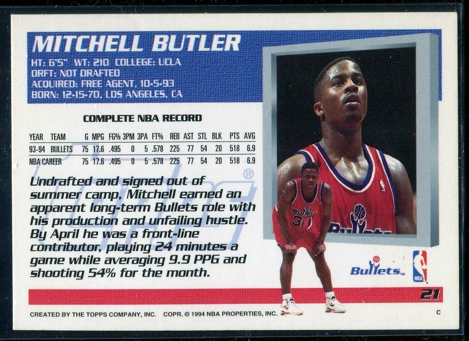 1994 Topps Basketball Mitchell Butler #21 Washington Wizards (Bullets ...