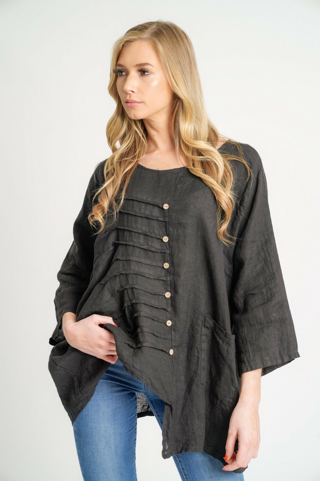 LADIES PLUS SIZE ITALIAN QUIRKY HEM LAGENLOOK RUFFLE FRONT LINEN POCKET ...