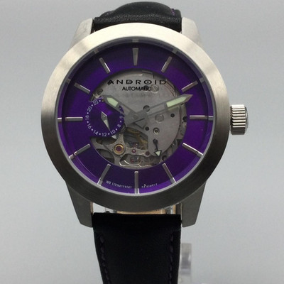 Android Automatic Skeleton Watch Men 37mm Purple Dial 21 Jewels Leather ...