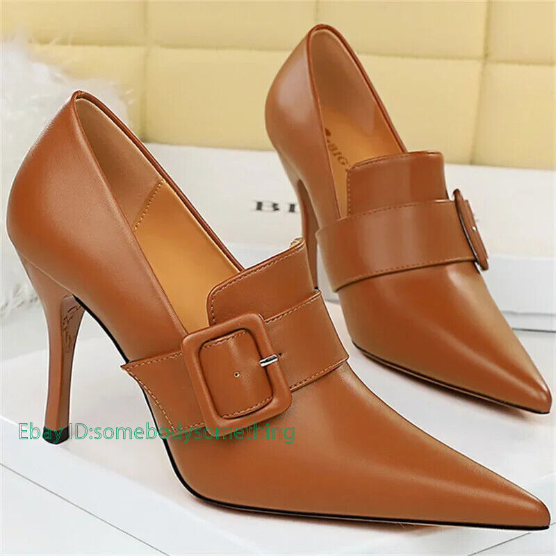 New Women 10cm High Heels Pumps Belt Buckle Pointed Toe Stilettos Party ...