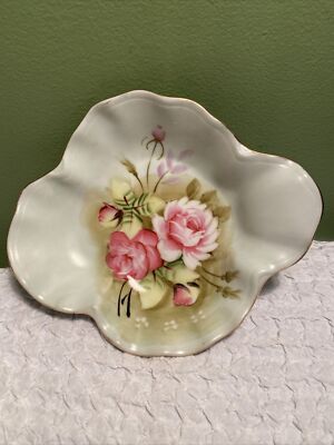 Vintage Lefton 1860 Hand Painted Green with Pink Roses Floral Trinket ...