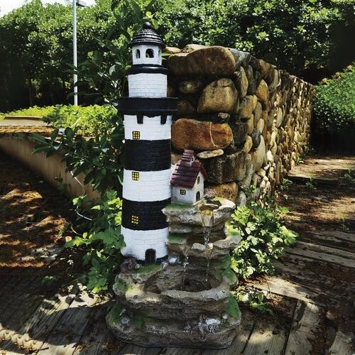 38.5" Black White Lighthouse Outdoor Water Fountain 3 Tier Cascading ...
