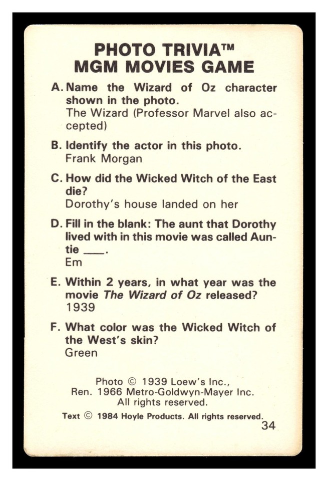 Wizard of Oz #34 1984 Hoyle Photo Trivia MGM Movies Game | eBay