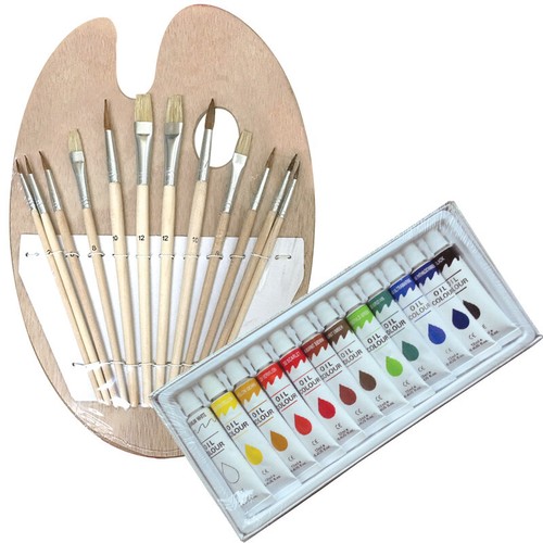 12 OIL COLOR Painting Paint Set + 12 Brush Set with Wood Palette Artist ...