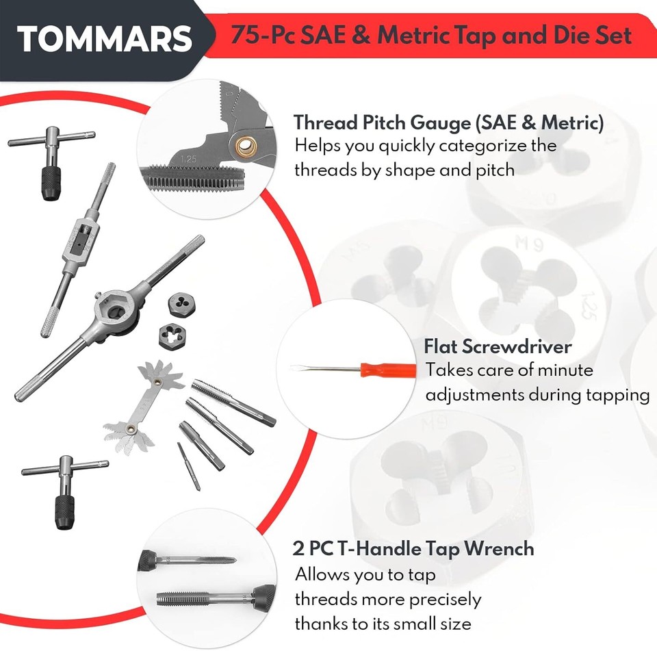 75Pc Tap and Die Set,SAE & Metric Hex Thread Taps Dies Wrench Threading ...