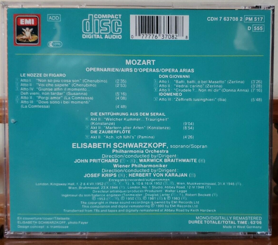ELISABETH SCHWARZKOPF Mozart Opera Arias CD 1990 EMI GERMAN IMPORT ...