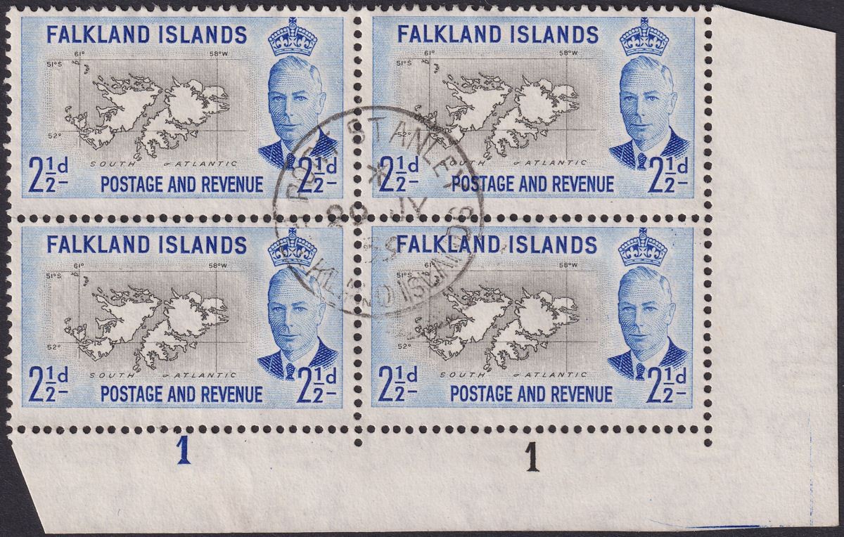 Falkland Islands 1959 KGVI 2½d Black + Ultram Plate 1-1 Block of 4 Used ...