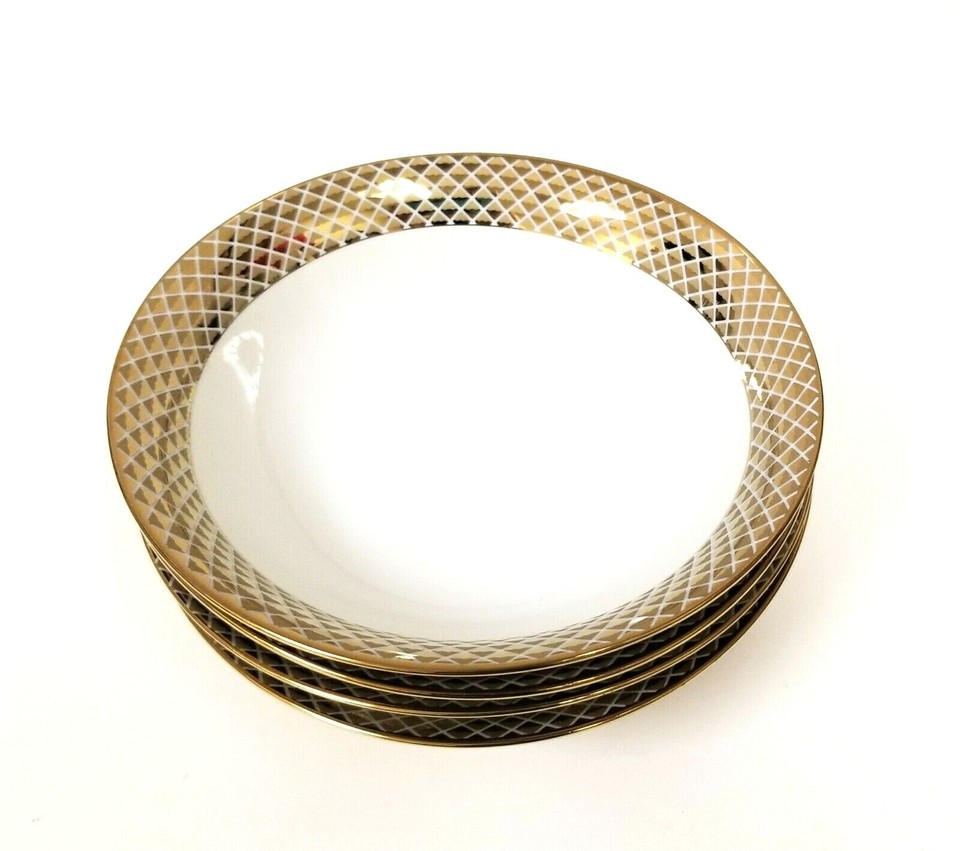 LUXE SET OF 4 PORCELAIN METALLIC GOLD DIAMOND PATTERN DINNER,SALAD ...