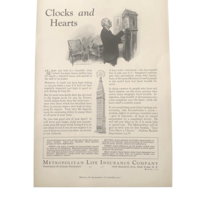 Vintage 1933 Metropolitan Life Insurance Clocks & Hearts Ad ...