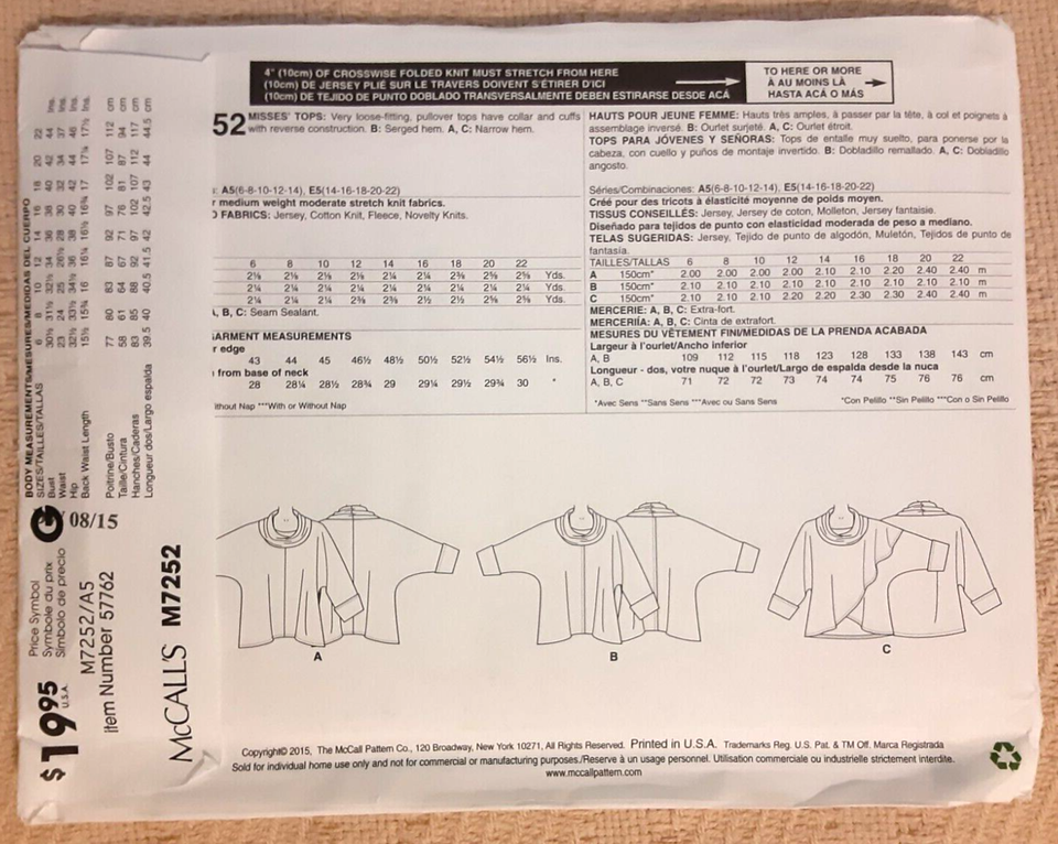 McCall's Pattern M7252 Misses' Tops SIZE 6-14 Sewing Craft Project 7252 ...