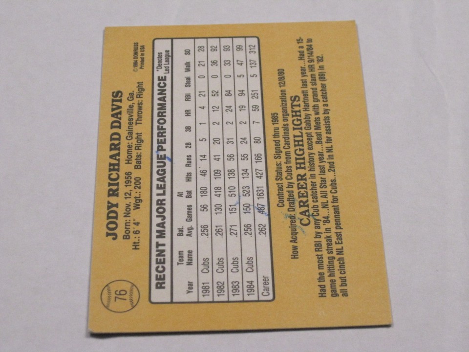 Jody Davis Donruss 1985 Autographed Baseball Card | eBay