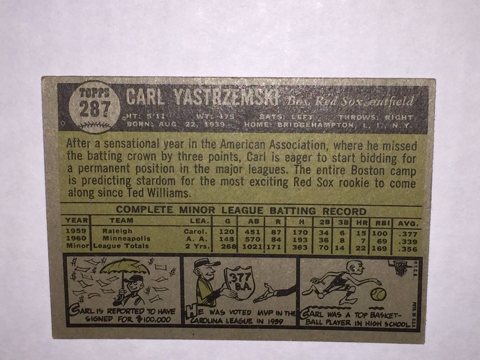 1961 TOPPS CARL YASTRZEMSKI #287 ROOKIE BASEBALL CARD Boston Red Sox ...