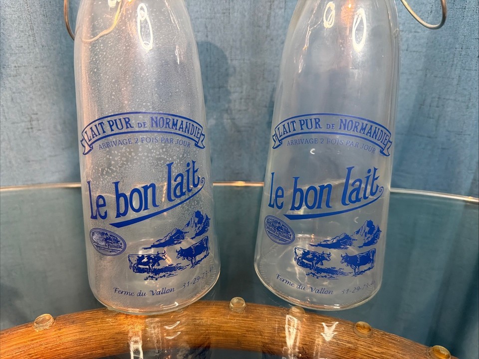 Two Le Bon Lait French Large Milk Bottles With Porcelain Cap And Metal ...