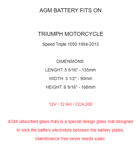 Caltric AGM Battery for Triumph Speed Triple 1050 1994-2013 | eBay