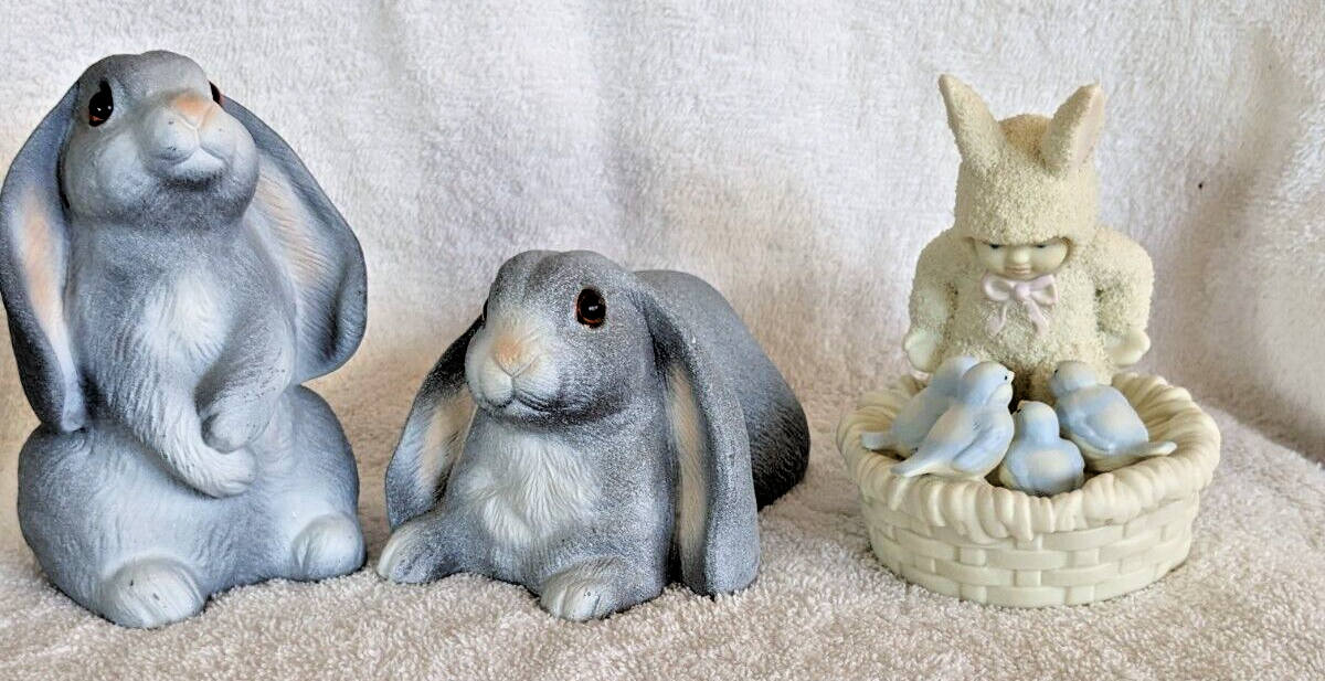 Lot of 3 Dept 56 Easter Grey Rabbit Figurines + Snowbabies Bunny W ...