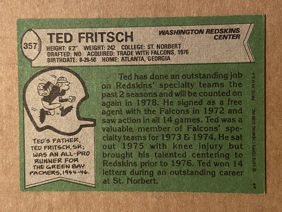TED FRITSCH Hand Signed 1978 Topps #357 Redskins St Norbert Autograph ...