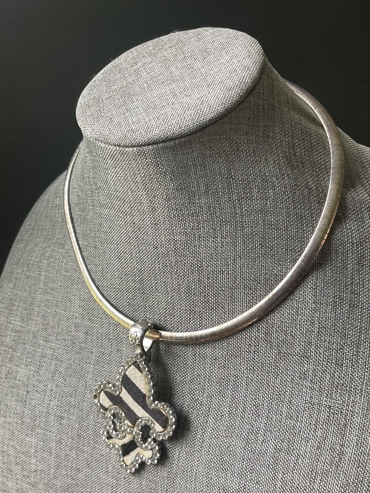 Womens Fleur De Lis Necklace Pony Hair Animal Print Silvertone Omega ...