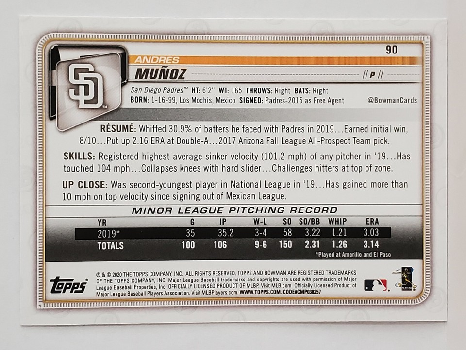 2020 Bowman #90 Andres Munoz RC San Diego Padres | eBay