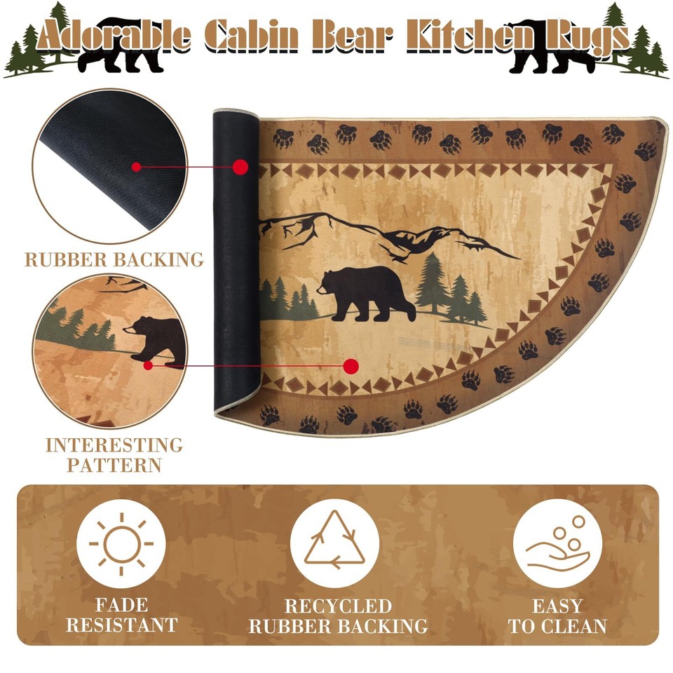 Winter Half Round Hearth Rug Birch Bear Non Skid Fireplace Rustic ...