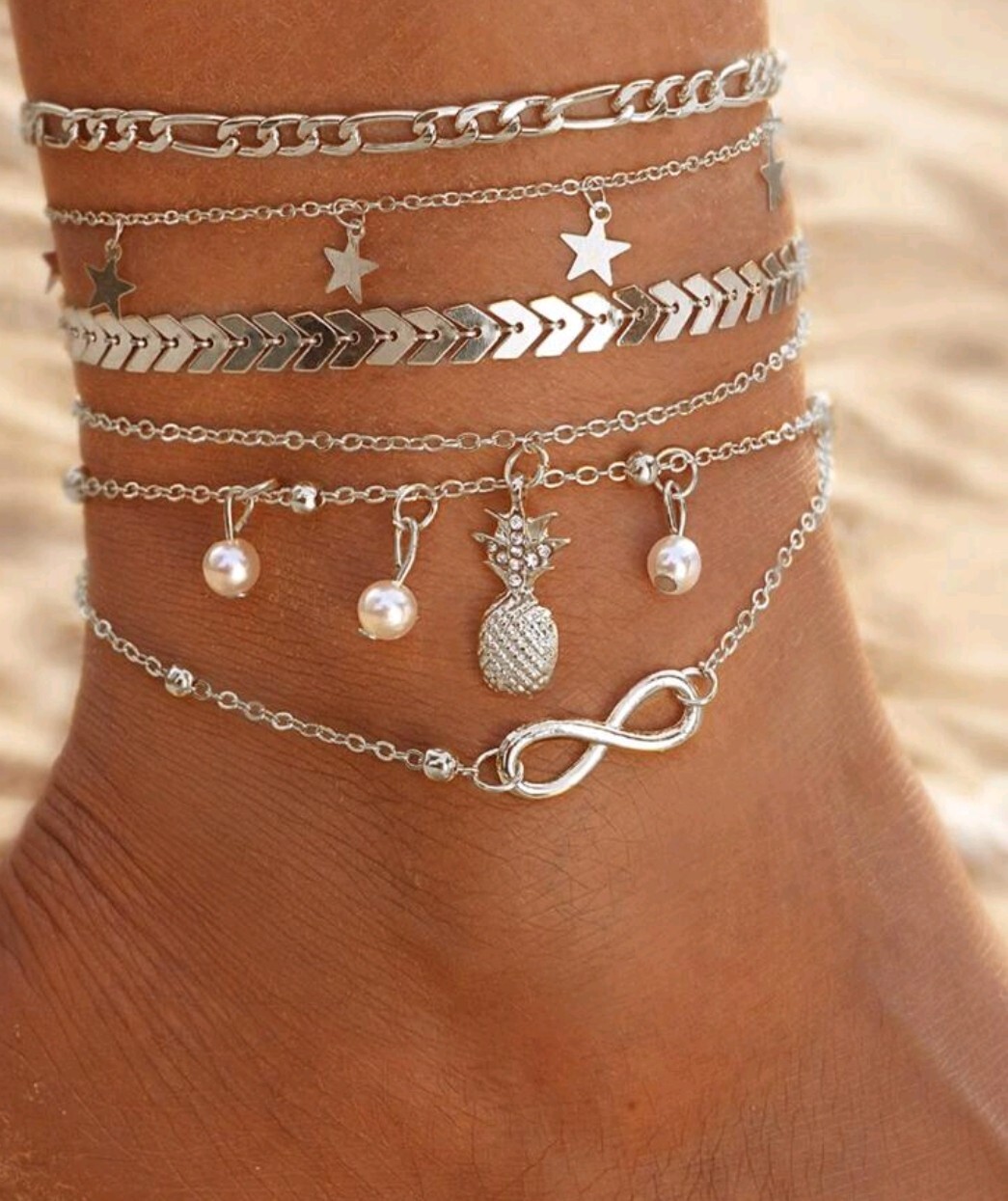 5Pcs Sexy Silver Retro Pearl Heart Infinity Anklets Anklet Bracelet Set ...