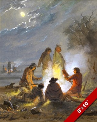 NATIVE AMERICAN INDIANS & FRONTIERSMEN CAMPFIRE PAINTING ART REAL ...