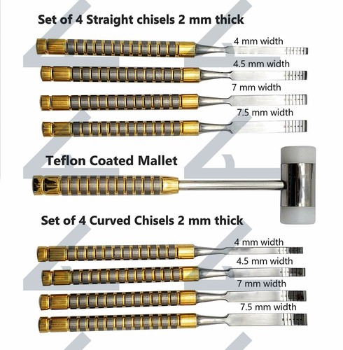 Dental Chisel Set Of 9Pcs And Mallet For Bone Splitting Gold With ...