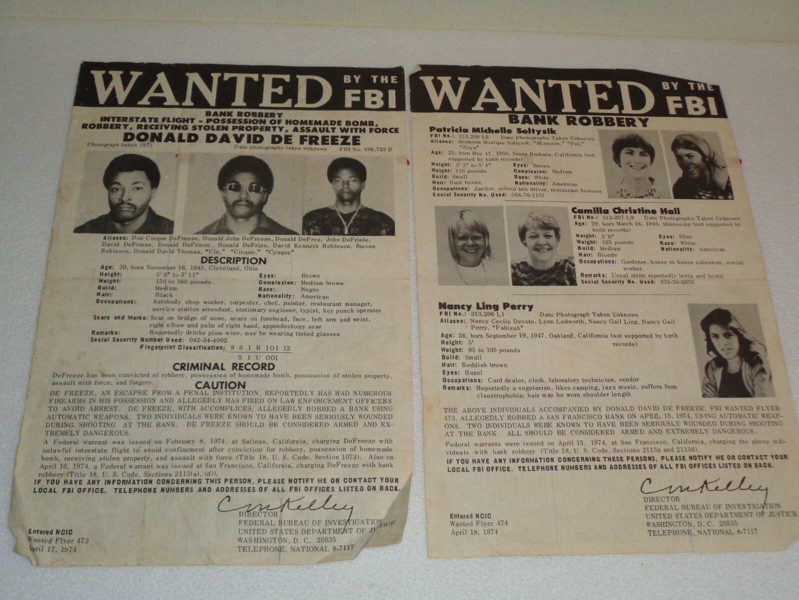 Symbionese Liberation Army SLA 1974 FBI Wanted Posters (2) DeFreeze ...