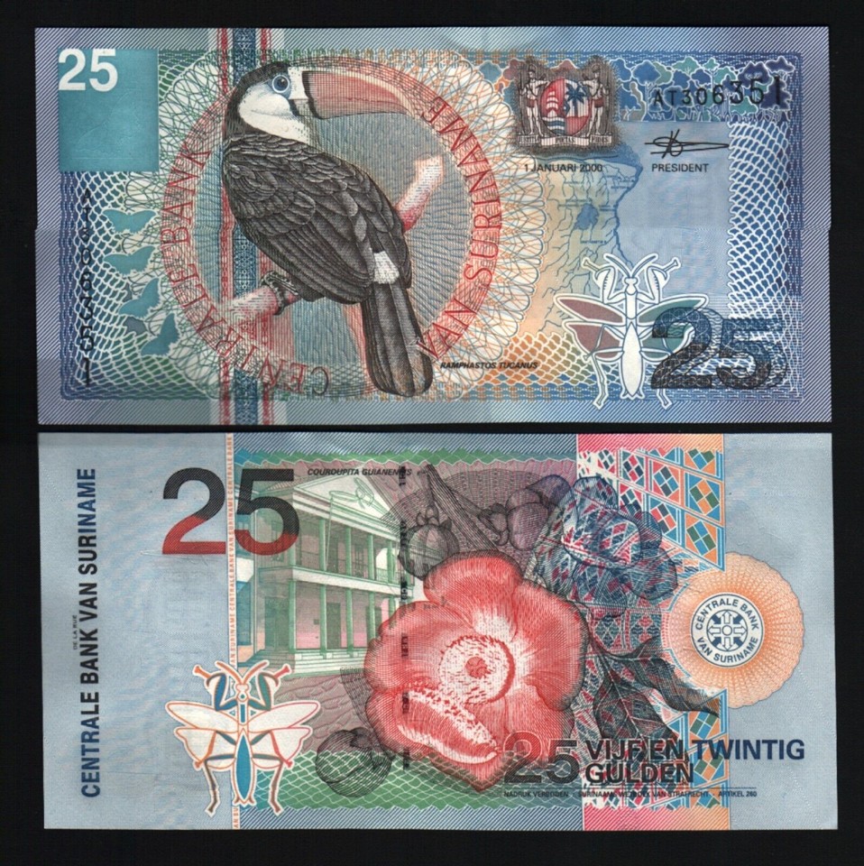 Suriname 25 GULDEN P-148 2000 x 10 Pcs Lot Bundle Millennium BIRD UNC ...