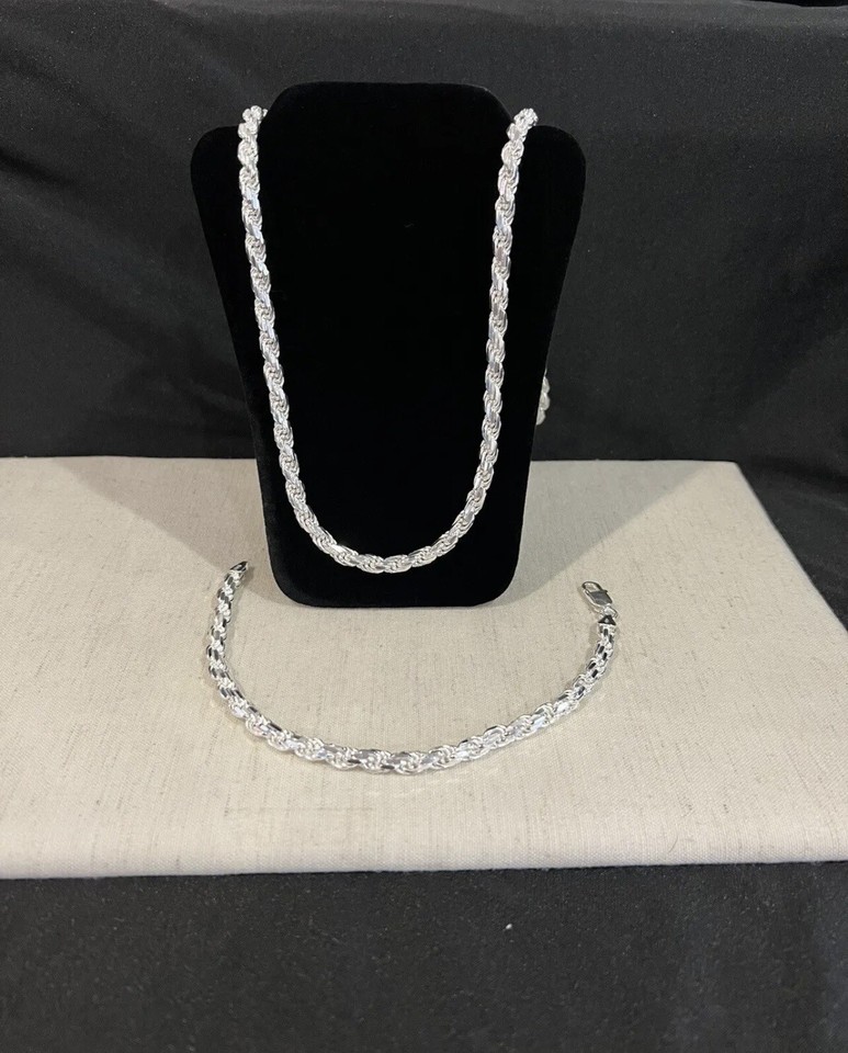 925 Sterling Silver Men Thick Rope Bracelet 9 & Chain Necklace 24 26 28 ...