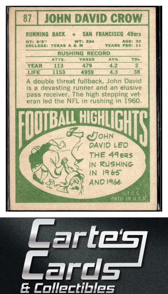 John David Crow 1968 Topps #87 San Francisco 49ers | eBay