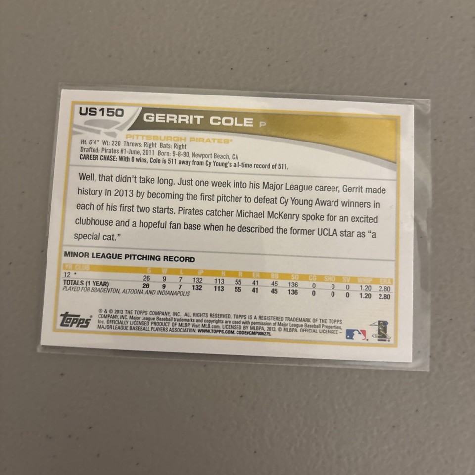 2013 Topps Update Gerrit Cole rookie card #US150 New York Yankees 1.00 ...