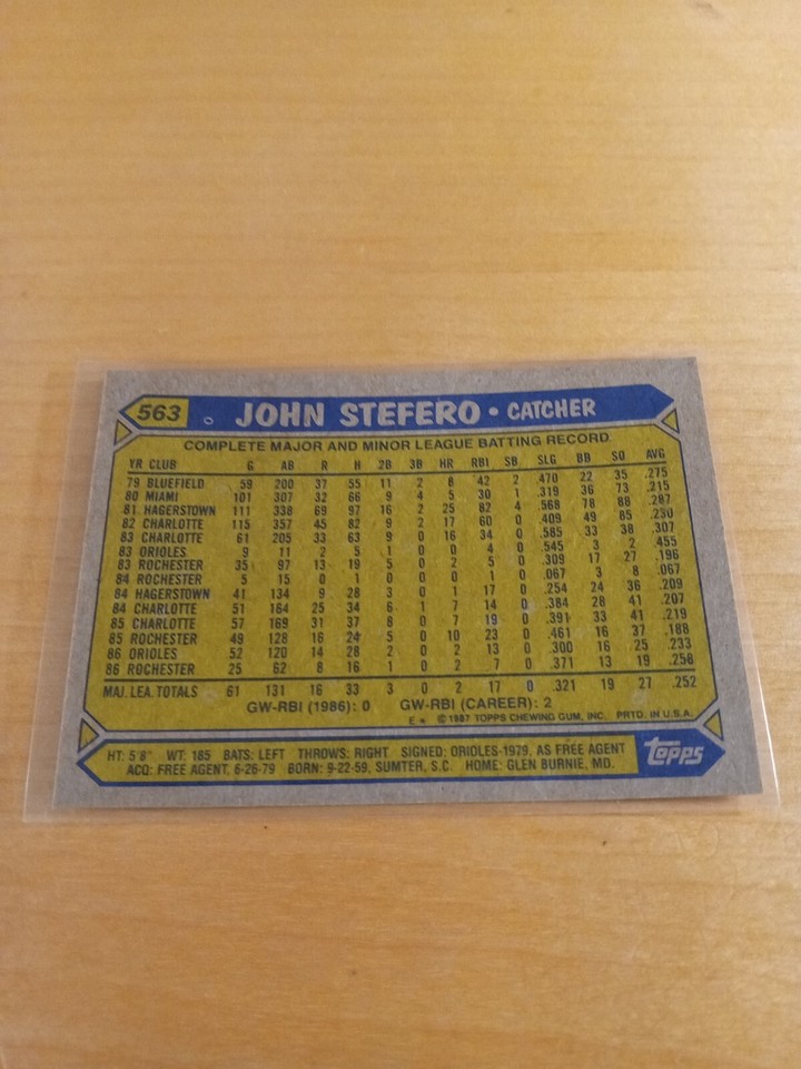 1987 Topps #563 JOHN STEFERO Baltimore Orioles Baseball Card, Catcher ...