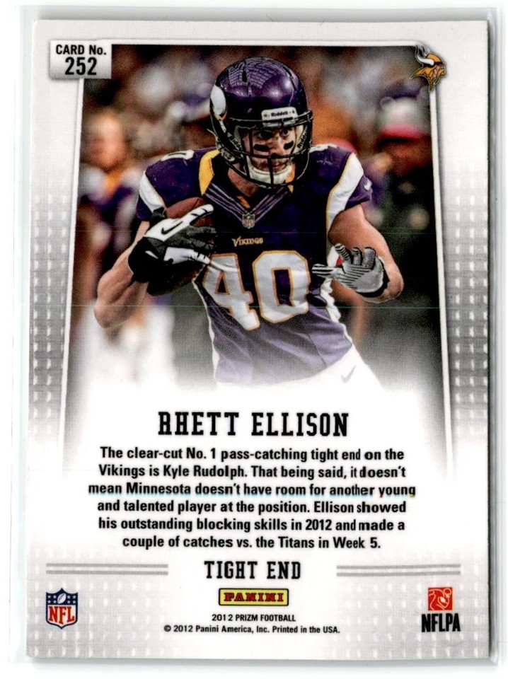 2012 Panini Prizm Football #252 Rhett Ellison Rookie Minnesota Vikings ...