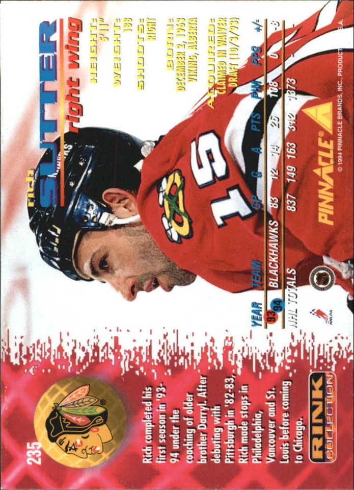 1994-95 (BLACKHAWKS) Pinnacle Rink Collection #235 Rich Sutter | eBay