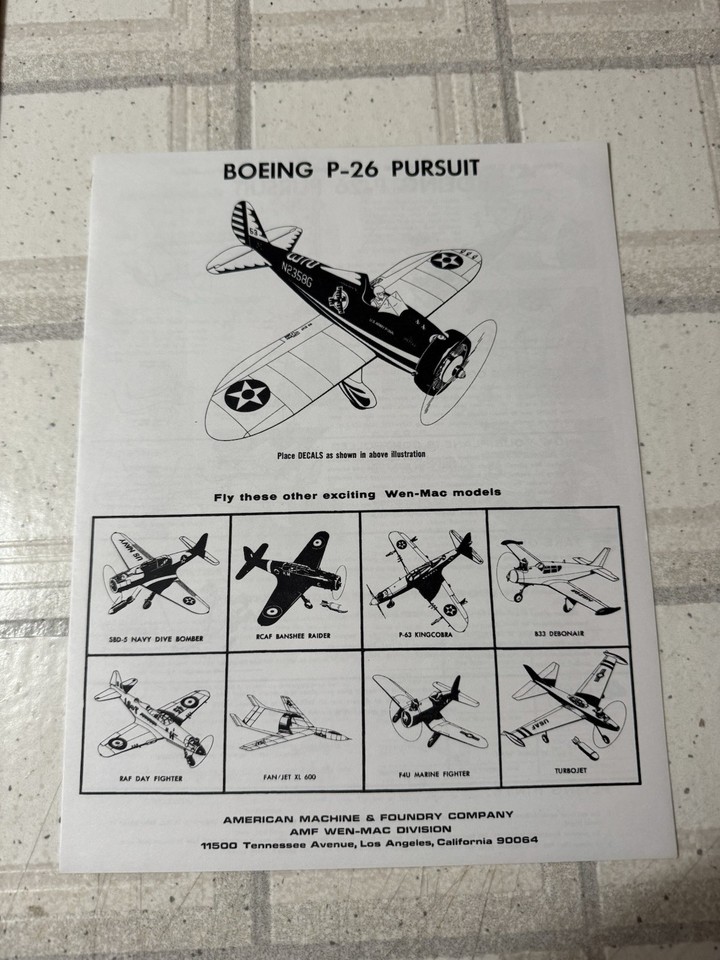 WEN-MAC CONTROL LINE BOING P-26 PURSUIT NICE CLEAN COPY OF ORIGINAL ...