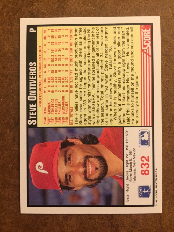 Steve Ontiveros 832 Score 1991 MLB Baseball Trading Card | eBay