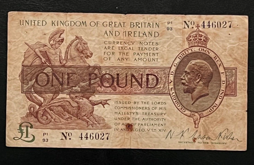 1923 BRITISH £1 ONE POUND TREASURY NOTE, WARREN FISHER, T-31, FINE ...