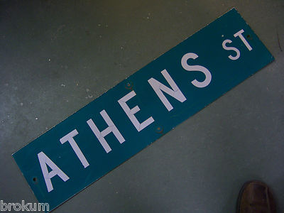 Vintage ORIGINAL ATHENS ST STREET SIGN WHITE ON GREEN BACKGROUND 36" X ...