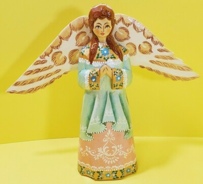 1997 Russian Hand Carved Wood Angel Doll Figurine Hand Painted Wings ...