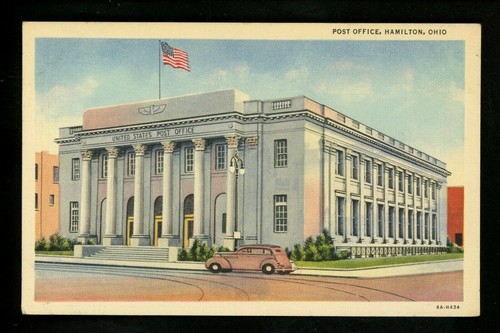 Post Office postcard Ohio OH Hamilton flag car columns street lamp | eBay