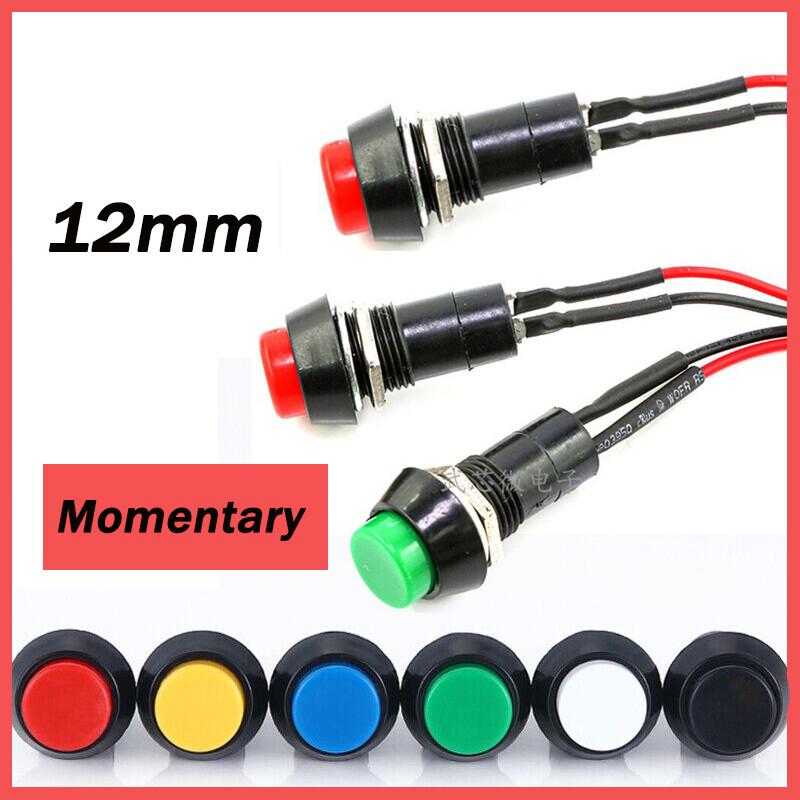 Round Push Button Switch With Cable Momentary 12mm Red Green Black ...