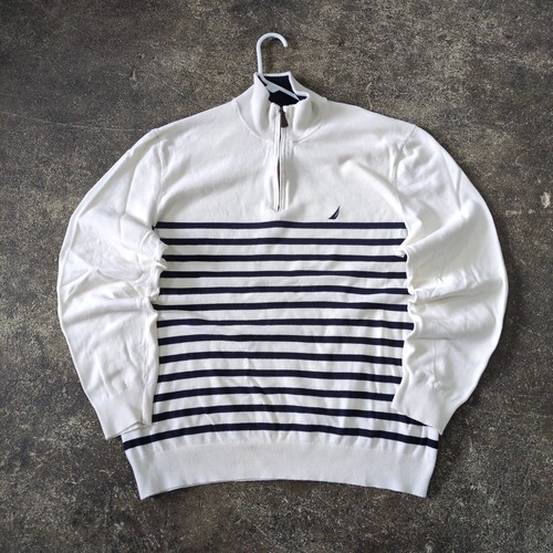 Nautica Sweater Mens XL White Black Striped 1/4 Zip Embroidered Logo ...