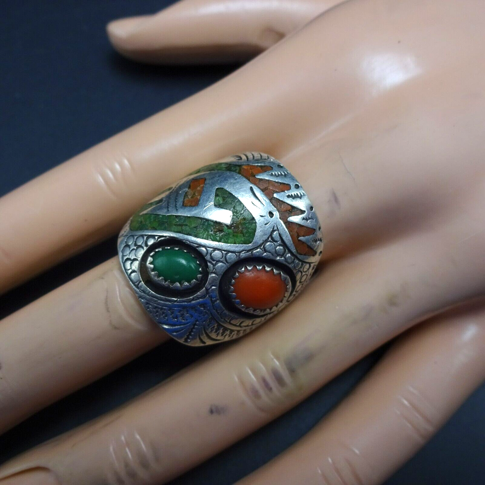 SIGNED Vintage NAVAJO Chip Inlay STERLING RING with CORAL TURQUOISE ...