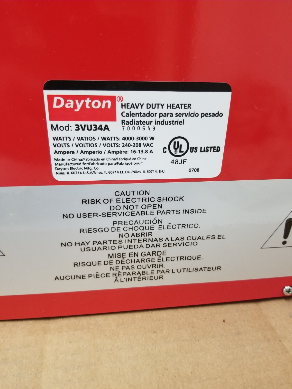 Dayton 3VU34A Heavy Duty Electric Heater 240-208VAC 4K-3KW 16-13.8A Fan ...