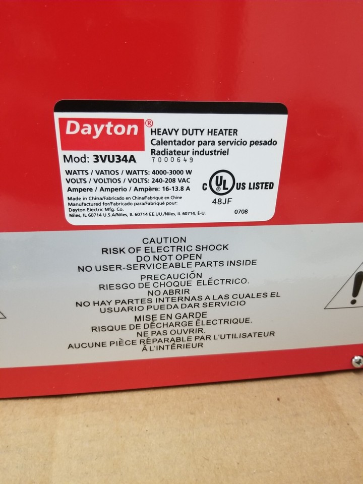 Dayton 3VU34A Heavy Duty Electric Heater 240-208VAC 4K-3KW 16-13.8A Fan ...