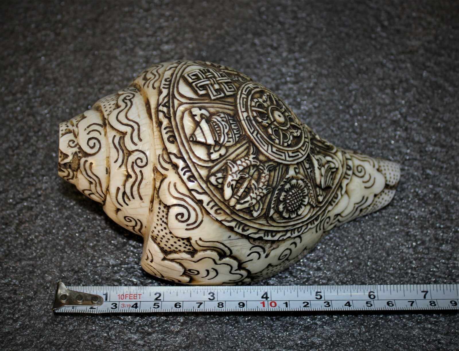 Antique Tibetan Asta Mangal Carved Left conch Shell Trumpet Instrument ...
