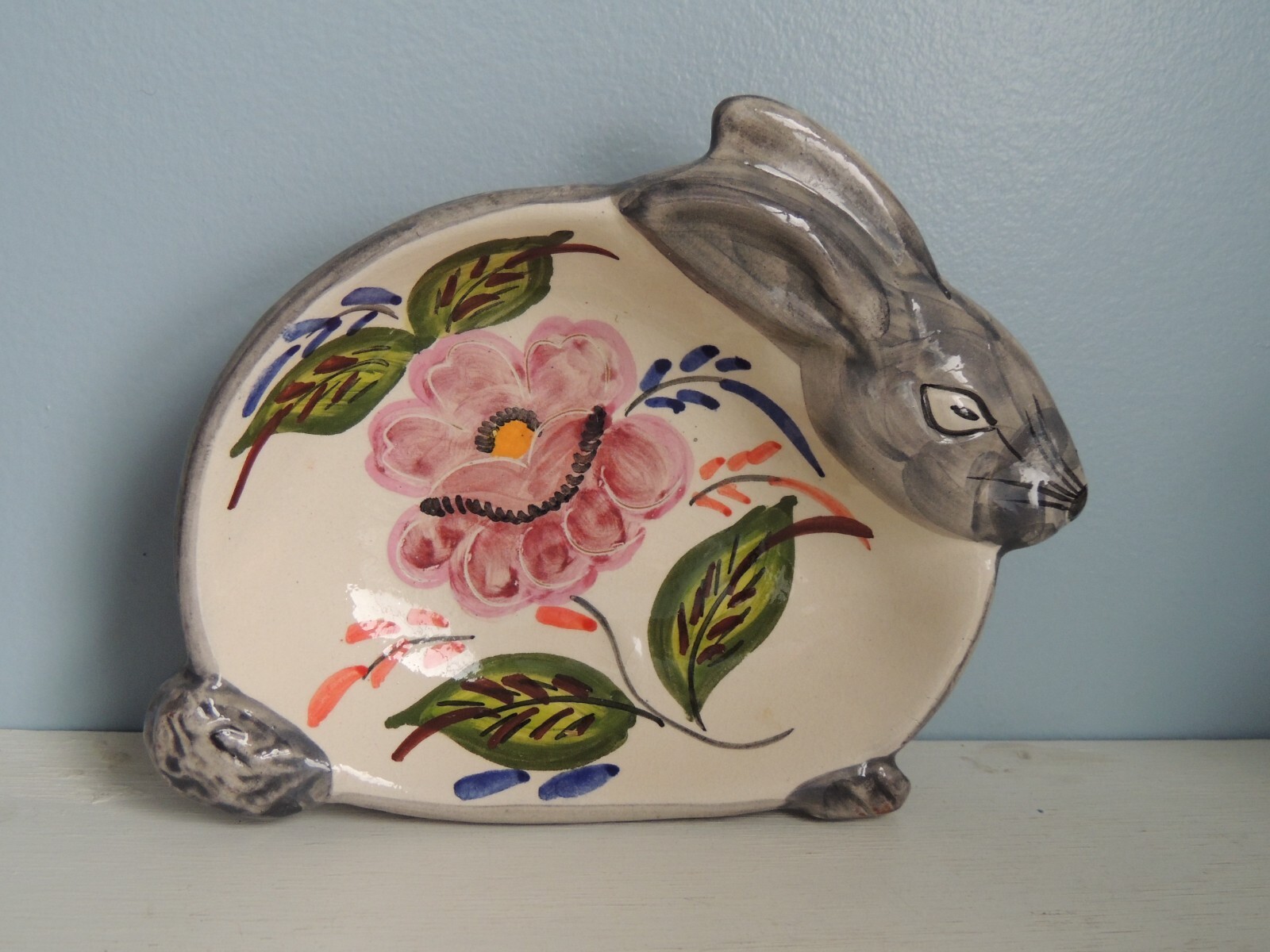 Pottery Floral Bunny Rabbit Trinket Nut Candy Dish Portugal Signed ...